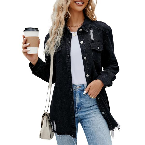 商品名:  LZLER Oversized Jean Jacket for Women, Distressed Long Boyfriend Shacket Denim Jacket for Women 2023(Black,L)ブランド:...