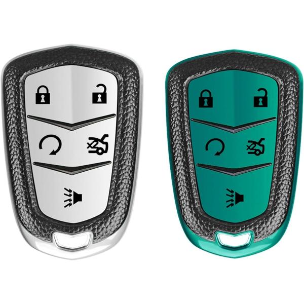 商品名Xotic Tech キーフォブシェルカバーケース 2X ホワイト + グリーン TPU グレインレザー テクスチャ キャデラック CT6 CTS XT4 XT5 XT6 XTS SRX STS ATS GTS ESV 5ボタン スマ...
