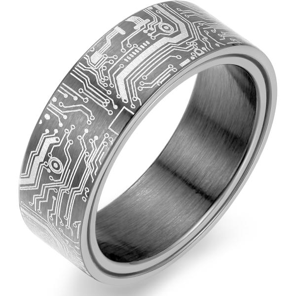 商品名Adreamz 8mm Computer Circuit Board Pattern Ring - Spinner Fidget Ring for Men, Anxiety Relieving Fidget Black Stainle...