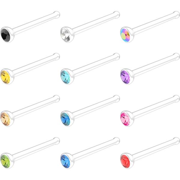 商品名BELATTI ノーズリング 12個 男女兼用 2mm キュービックジルコニア - 生体適合性 クリアプラスチック&amp;スチール ノーズスタッドゲージ ストレートバーセット - 低刺激性 バイオフレックス クリアノーズピアス ジュ...