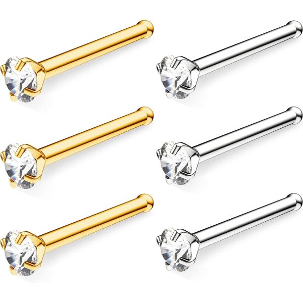 商品名BELATTI サージカルスチールノーズリング 6個 男女兼用 - 2mm キュービックジルコニア セット - 低刺激性 プシンバー ノーズリング ストレートポスト - ボーンピン スタッド ノーズピアス ジュエリー (ゲージ - カ...