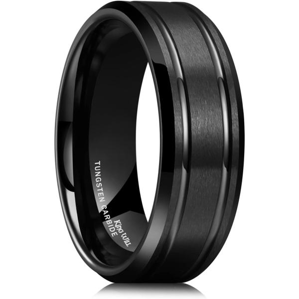 商品名King Will タングステンカーバイド結婚指輪 メンズ 8mm ブラックメッキ/シルバーつや消し仕上げ 2つの溝付きライン/溝付きセンター 快適フィット メンズ結婚指輪 普段使いに, 10, タングステン, 宝石なしKing Wi...