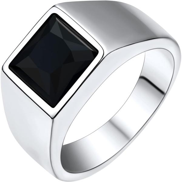 商品名U7 Jewelry ファッションブラックオニキス/ブルージェムストーンリング メンズ レディース ステンレススチール スクエアシグネットリング サムリングバンド お父さん/父親用 ゴシックスカルリング 誕生石付き サイズ7-14 A...