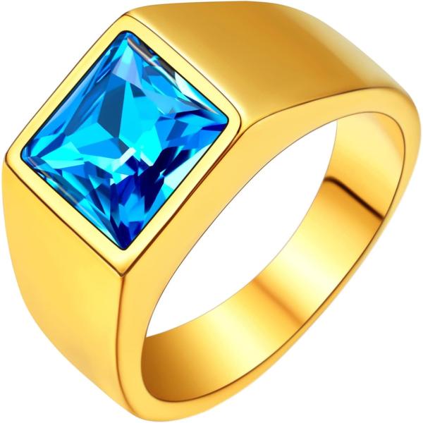 商品名U7 ジュエリー ファッション ブラック オニキス/ブルー ジェムストーン リング メンズ レディース ステンレススチール スクエア シグネットリング 親指リング バンド 父親用 ゴシック スカルリング 誕生石付き サイズ 7-14 ...