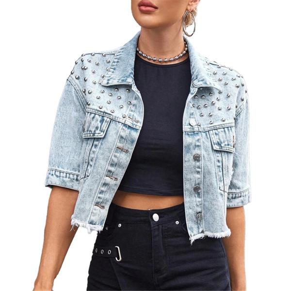 商品名:  Rivet Studded Cropped Jean Jacket Women Western Distressed Washed Denim Jacket Coatブランド: CYLADY商品サイズ: Large高さ: 39c...