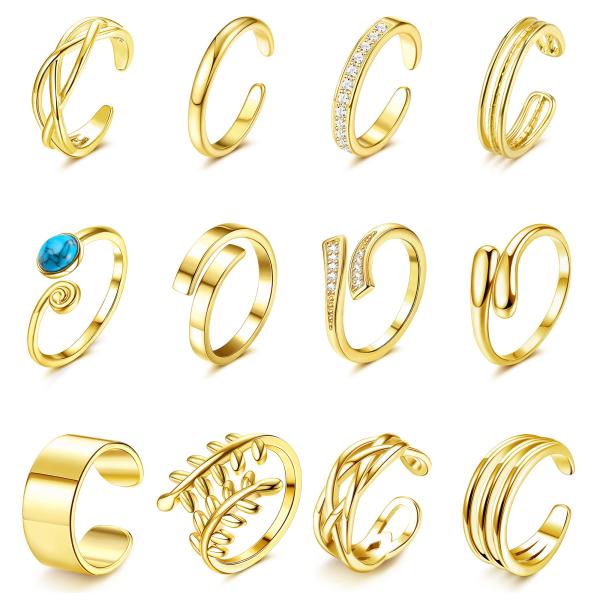 商品名:  ORAZIO 12 PCS Toe Rings for Women 14K Gold Plated Adjustable Toe Rings Cubic Zirconia Open Cuff Toe Ring Silver Ba...