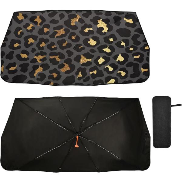 商品名ブラックゴールド ヒョウ柄 フロントガラスサンシェード 傘 高級 折りたたみ式 車サンシェード フロントガラス SUV トラック セダン フロントウィンドウ サンシェード カバー 自動車 インテリア 日よけ 58 x 29.7インチS...