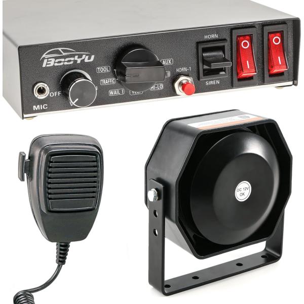 商品名BooYu 9トーン 12V 200W 警告緊急サイレン PAシステム [スリムスピーカー][ハンドマイク][ハンズフリー][125-135dB][2 x 10Aスイッチ] 消防士 警察 救急車 トラック SUV ATV UTV用Bo...