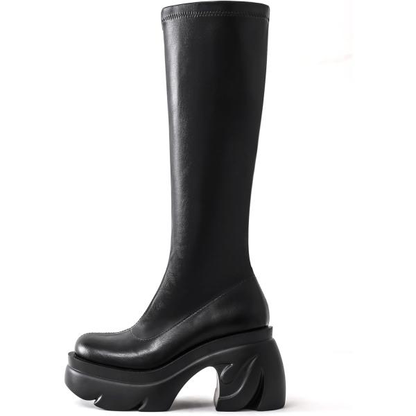 商品名Shoe'N Tale Women's Black Knee High Boots Platform GoGo Chunky Block Heel Goth Square Toe Side Zipper(7,C-Black)ブランド：...