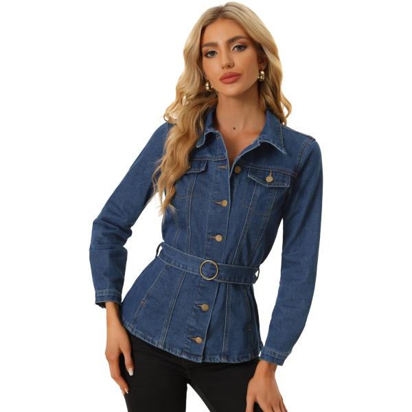 商品名:  Allegra K Casual Denim Jacket for Women's Button Up Long Sleeve Washed Jean Jackets with Belt X-Large Dark Blueブラン...