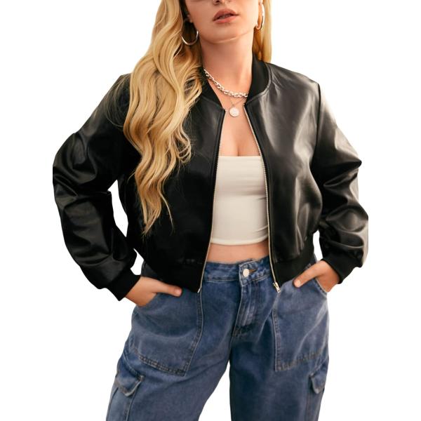 商品名:  MakeMeChic Women's Plus Size Casual Faux Leather Jacket Zip Up PU Leather Bomber Jacket Outerwear Black 2XLブランド: M...