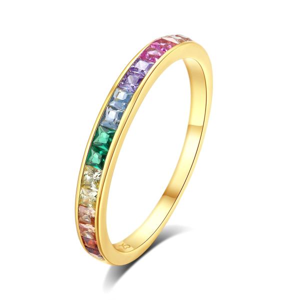 商品名: Hius 925スターリングシルバー レインボーリング レディース 18Kゴールドメッキ エタニティバンド カラフルなキュービックジルコニア付き マルチジェムストーンリング ティーンガールズ用, ラインストーン, ラインストーン ...