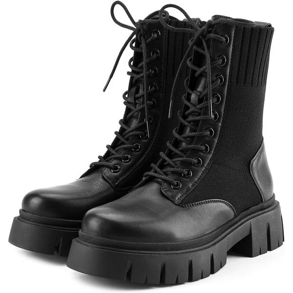 商品名Shoe'N Tale Lace-up Combat Boots for Women Platform Mid Calf Boots Round Toe Lug Sole Booties With Side Zipper(8.5,B-...