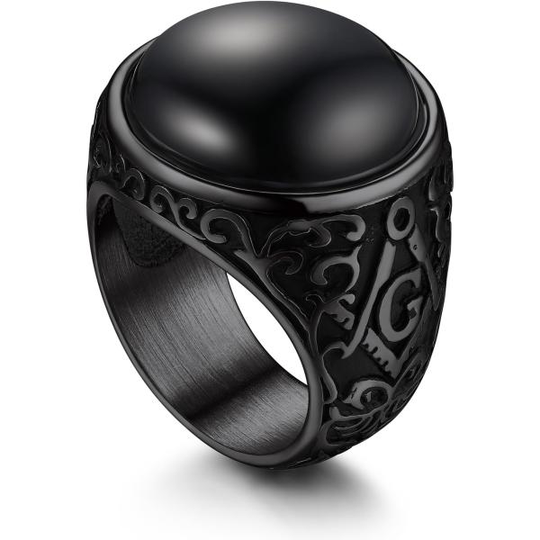 商品名Bandmax メンズ ブラックオニキスリング ステンレススチール レトロスタイル ブラックオニキスストーン フリーメーソン/スカル クロスボーン シグネットリング メンズ サイズ7-14, ステンレス鋼, ブラックオニキスBandm...