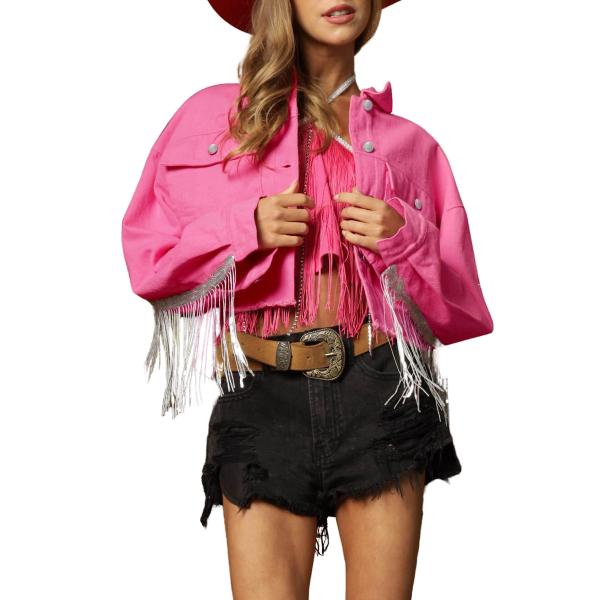 商品名:  FindThy Women’s Rhinestone Fringe Jean Jacket Cropped Distressed Star Print Denim Jackets Coats(1495-01RoseRed-L-L...