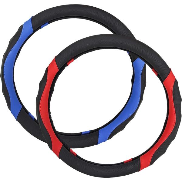商品名スポーツスタイル ブラックレザーハンドルカバー 滑り止めグリップ付き 通気性のあるハンドルアクセサリー ユニバーサルフィット 14.75~15インチのステアリングホイール (ブルーグリップ+レッドグリップ) 2個パック2 Pack S...