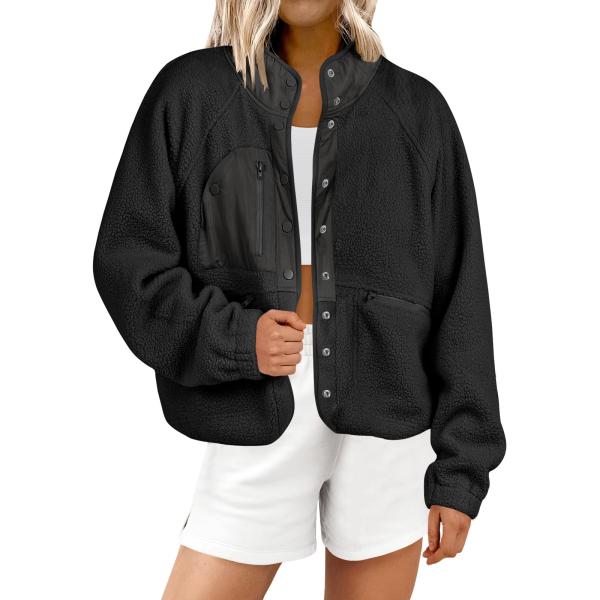 商品名:  ANRABESS Sherpa Fleece Jackets for Women Long Sleeve Teddy Coat Short Cropped Outwear Button Down Fuzzy Winter Clo...