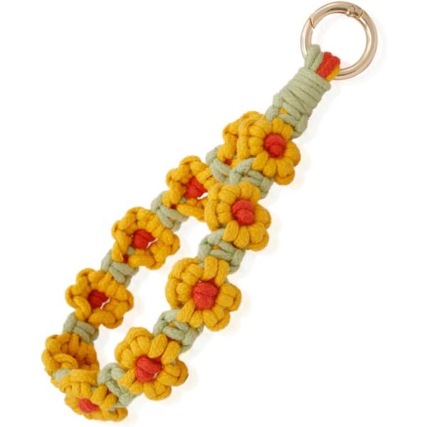 商品名マクラメキーチェーン リストレット キーホルダー レディース 手首ストラップ 鍵 車の鍵用 かわいいボーホーキーホルダー キーリングブレスレット 女の子用, イエロー, 1PackKey Lanyard Macrame Keychai...