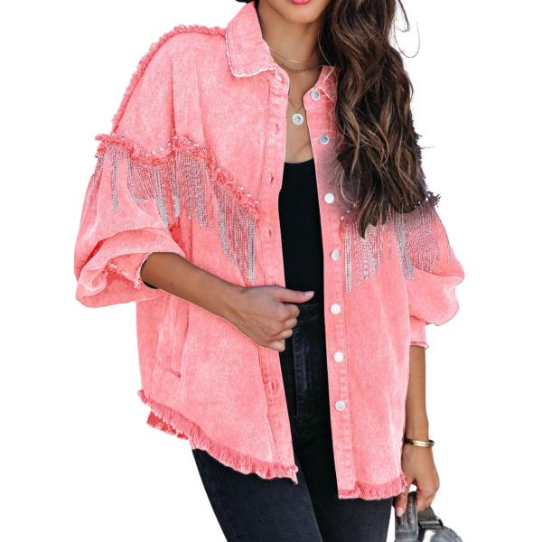 商品名:  Chevara Women’s Fringe Denim Jacket Loose Rivet Studded Frayed Tassel Rhinestone Jean Jacket(0014-Pink-L-CW)ブランド: ...