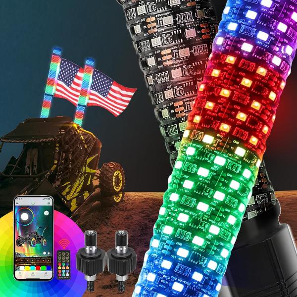 商品名CO LIGHT LEDファットスパイラルLEDホイップライト 厚手アンテナ 2フィート リモートコントロール RGBチェイシング/ダンシングライト UTV ATV 2個用 APP対応 300色 200モード ウィンカー付き ブレーキ...