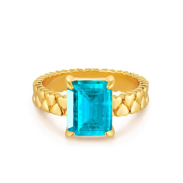 商品名: GNIRTSI ゴールド 模造エメラルド/パライバリング レディース ソリティア 8 x 10mm カット 14K ゴールドメッキ ミニマリスト スタック ダブルロー ハート 4mm ワイドバンド フィンガージュエリー サイズ6-...