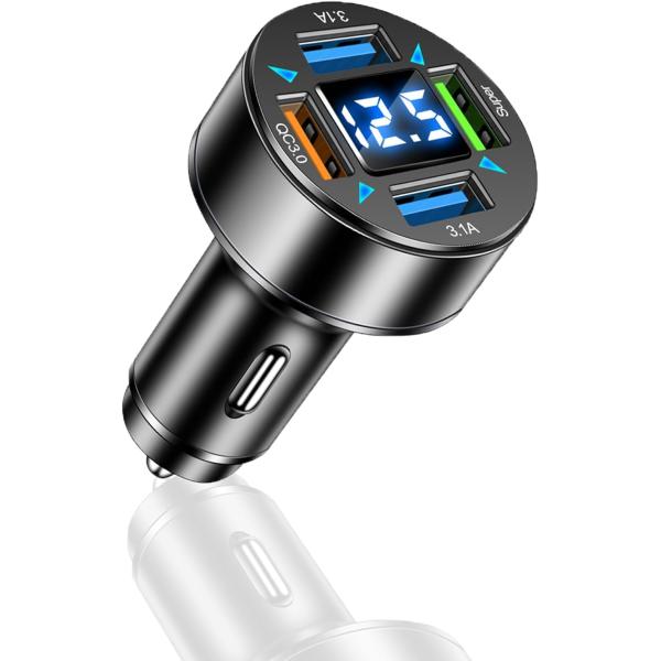 商品名66W Fast Car Charger,4 Ports Cigarette Lighter USB Charger with LED Voltmeter,QC3.0/Super Port Car Charger Adapter Fa...