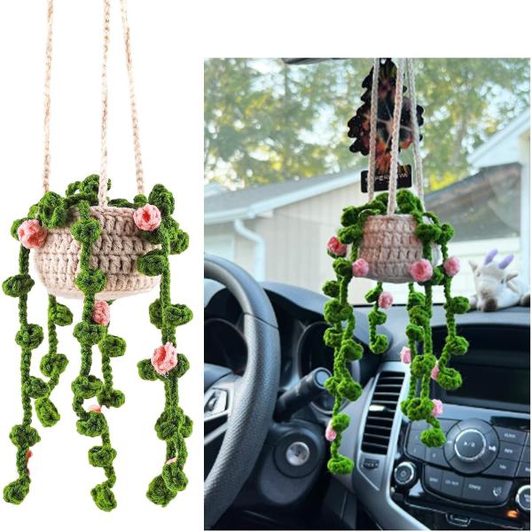 商品名Kewucn Boho Car Plants Crochet Rear View Mirror Accessories, Cute Auto Pendant Crochet Plants Hanging Baskets, Green ...