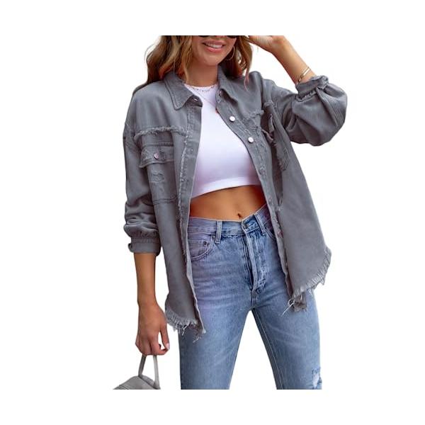 商品名:  ECHOINE Women’s Basic Button Up Frayed Hem Shacket Long Sleeve Pockets Denim Jean Jacket Coat GREY Mブランド: ECHOINE商...