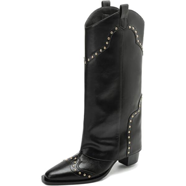 商品名Goolita Rivet Western Cowboy Boots For Women Square Toe Chunky Heel Knee High Boots Slip On Fold Over Cowgirl Bootsブラ...