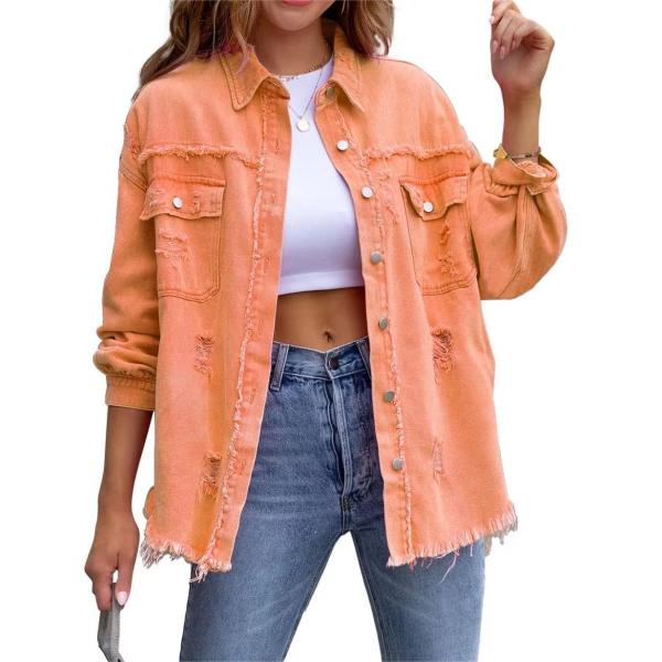商品名:  OSACOD Women's Ripped Distressed Frayed Denim Jacket Oversized Button Front Boyfriend Jean Jacket Coat Western Sha...
