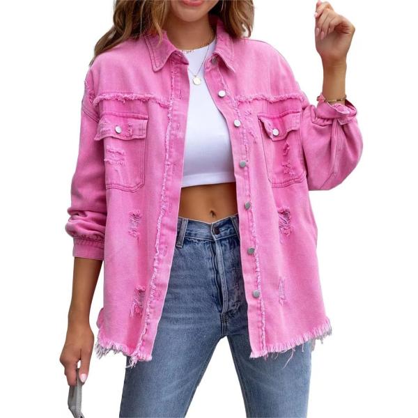 商品名:  OSACOD Women's Ripped Distressed Frayed Denim Jacket Oversized Button Front Boyfriend Jean Jacket Coat Western Sha...