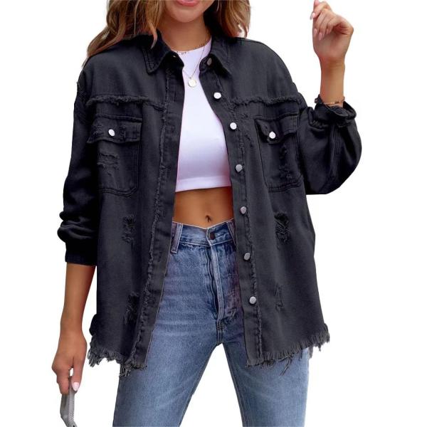商品名:  OSACOD Women's Ripped Distressed Frayed Denim Jacket Oversized Button Front Boyfriend Jean Jacket Coat Western Sha...