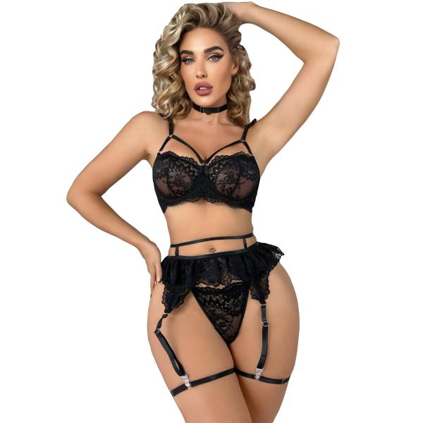 商品名:  WDIRARA Women's 6 Pieces Floral Lace Underwire Garter Belt Lingerie Set with Choker and Leg Rings Black Sブランド: WDI...
