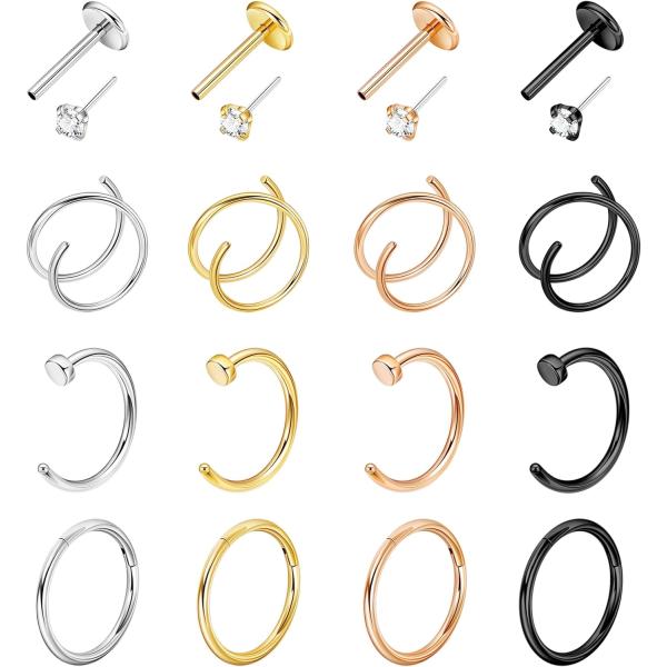 商品名Vegolita 16個 20G 316L ステンレススチール ノーズリングフープ レディース メンズ ダブルノーズフープ CZ プッシュインノーズスタッドクリッカー ヒンジ付きノーズフープピアスジュエリー, 金属, キュービックジル...