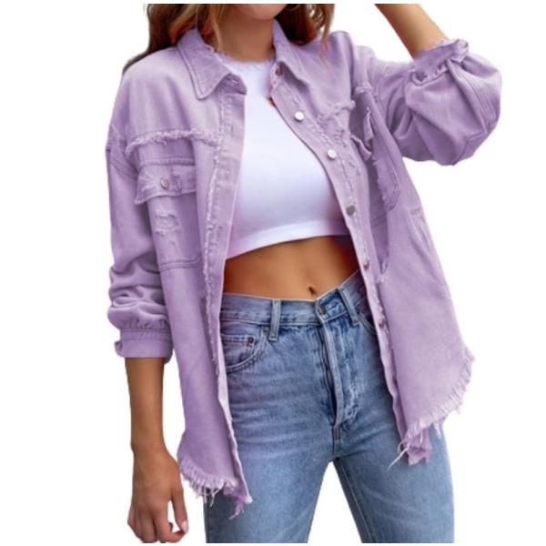 商品名:  Woman's Denim Frayed Oversized Jacket Distressed Washed Button Down Pockets Jean Shacket Long Sleeve Trucker Coat ...