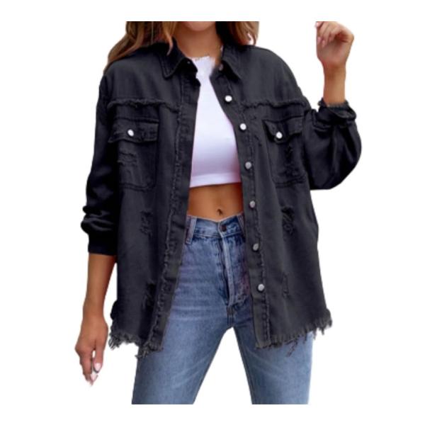 商品名:  Woman's Denim Frayed Oversized Jacket Distressed Washed Button Down Pockets Jean Shacket Long Sleeve Trucker Coat ...