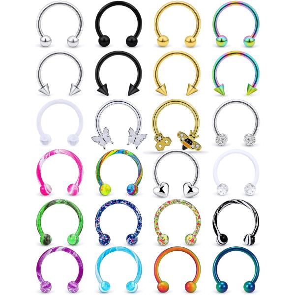 商品名Ftovosyo 24個 16G サージカルスチール 鼻セプタムリング ピアス ジュエリー 蹄鉄 ヘリックス デイス イヤリング フープ アイブロウ リップ フープ リテーナー レディース メンズ 直径 10mm, 金属 プラスチック...