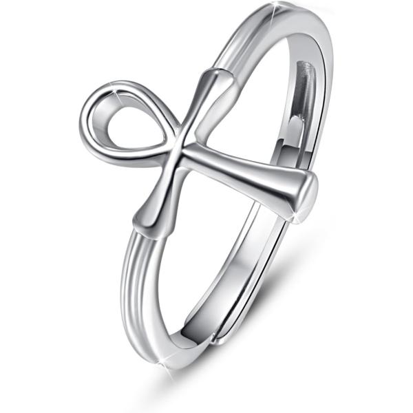 商品名ロータス&amp;リーフ アンクリング スターリングシルバー 調節可能なクロスリング エジプト宗教ジュエリー 保護アンクギフト レディース メンズ, スターリングシルバー, 宝石なしlotus &amp; leaf Ankh Ring...