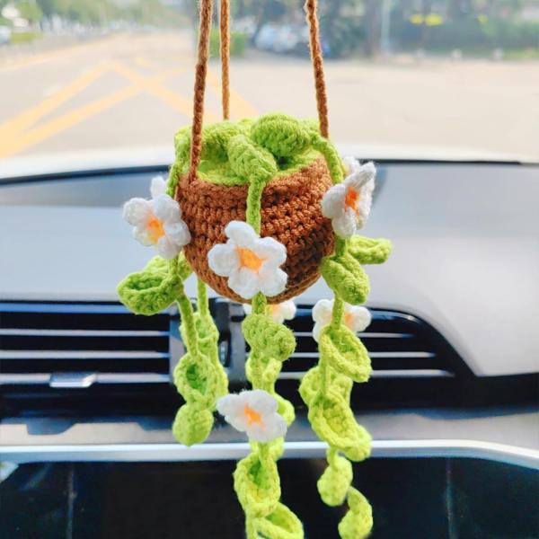商品名鉢植え かぎ針編み バックミラーアクセサリー 手かぎ針編み (接着剤なし) 安全 車吊り下げオーナメント カーミラー吊り下げアクセサリー かわいいカーアクセサリー 女性用 インテリアPotted Plants Crochet Rear...