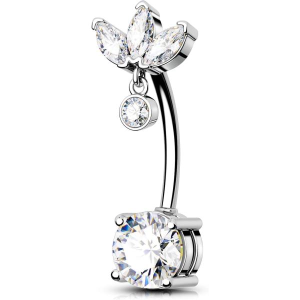 商品名OUFER へそリング 316L サージカルスチール ベリーリング クリア CZ ダングル ベリーボタンピアス 14G リバースベリーピアス ジュエリー ロングベリーリング レディース メンズ, 1.4*10mm, 金属, キュービッ...