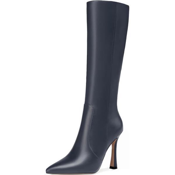 商品名MERRORI Women's 4 Inch Work High Heel Matte Knee High Zip Spool Fashion Pointed Toe Boots Navy Blue Size 8 - Zapatos ...