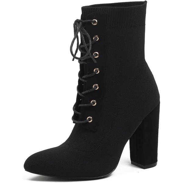 商品名MRKEWUNEY PAUVAODY Fashion Womens Chunky Heels Ankle Boots Lace UP Pointed Toe Zipper Short Boots Office Boots Wintte...