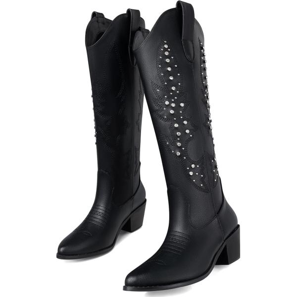 商品名TEMOFON Women Black Cowboy Boots: Wide Calf Knee High Cowgirl Pointed Toe Booties Embroidery Western Pull On with Spa...