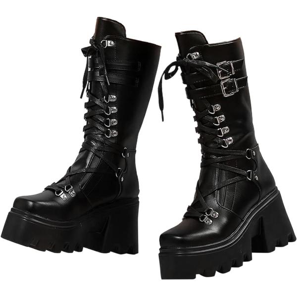 商品名Women's Platform Mid Calf Boots Platform Wedge Ankle Boots Goth Patent Lace Up Boot Chain Strappy Punk Booties Lace U...
