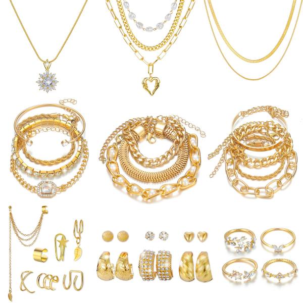 商品名: KISS WIFE ゴールドジュエリーセット レディース ネックレス ブレスレット イヤリング リングパック 彼女へのギフト, 金属, パール ジルコン ラインストーン KISS WIFE Gold Jewelry Set for...