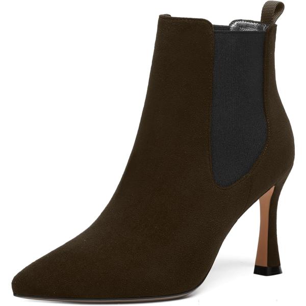 商品名MERRORI Women's Quilted Spool High Heel Pointed Toe Dating 3.3 Inch Ankle High Dress Slip On Suede Boots Black Brown ...