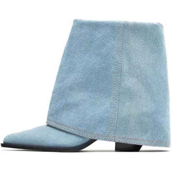 商品名Goolita Denim Boots For Women, Chunky Heel Pointed Toe Fold Over Ankle Boots Pull On Wide-Calf Western Cowboy Bootsブラ...