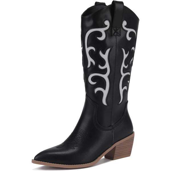 商品名Monrovia Womens Cowgirl Boots Wide Calf Leather Western Cowboy Boots Mid-Calf Pointed toe Low Block Heel Embroidered ...