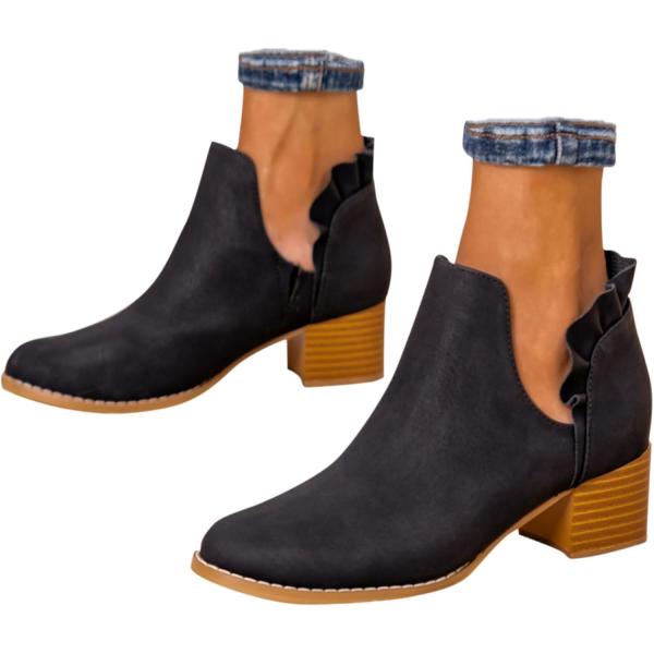 商品名DTREEL Fall Boots for Women 2023 Ankle Heels Cutout Low Stacked Ruffle Slip On Dress Short Boots V Cut Pointed Toe Ch...