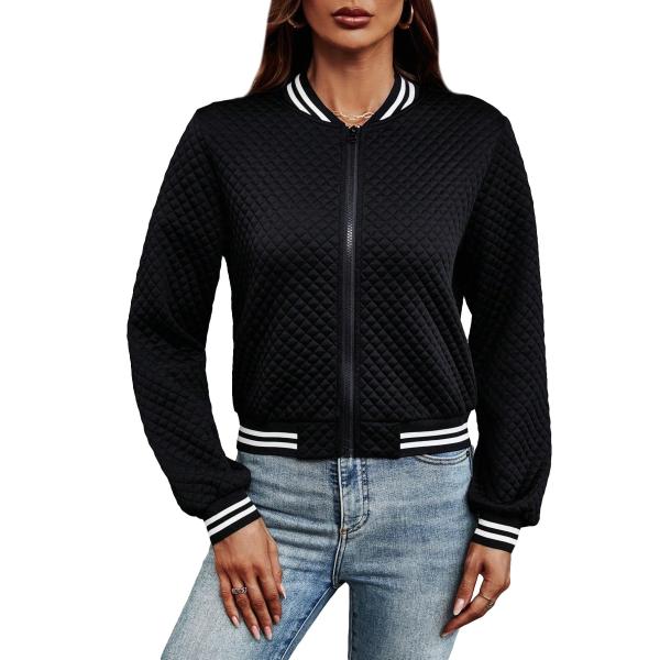 商品名:  MakeMeChic Women's Solid Zip Up Striped Trim Bomber Jacket Long Sleeve Knitted Casual Coat Black Mブランド: MakeMeChic...